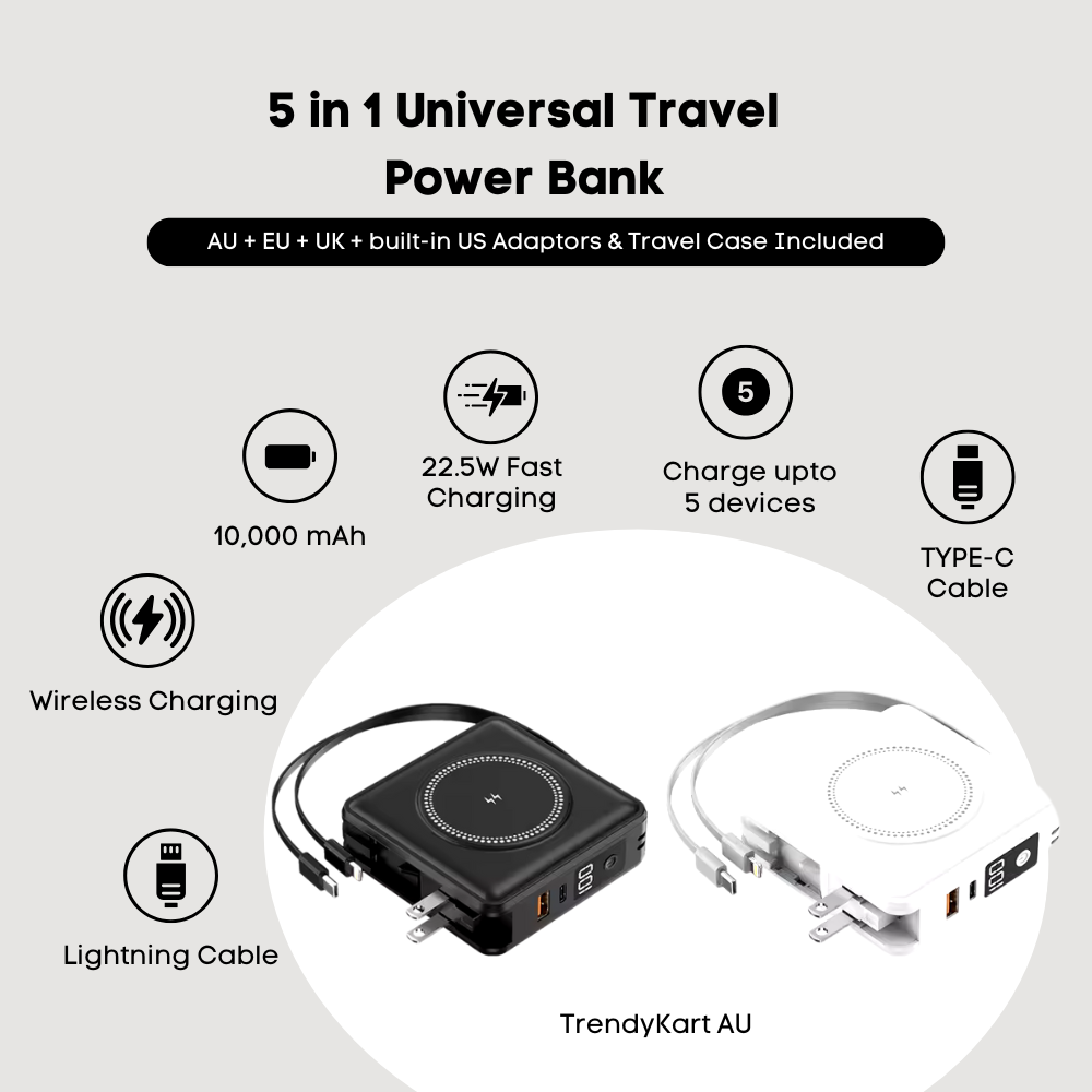 5 in 1 Universal Travel Power Bank 10000mAh Wireless Fast Charger with ...